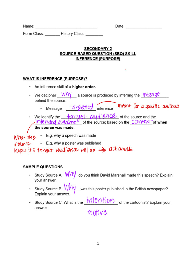 Inference (Purpose) - Worksheet | PDF