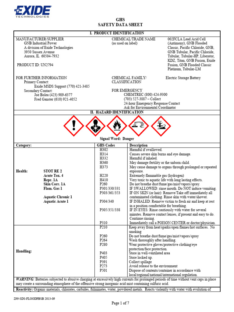 4-KDZ2701 Battery - UN2794 - GNB-1 | PDF