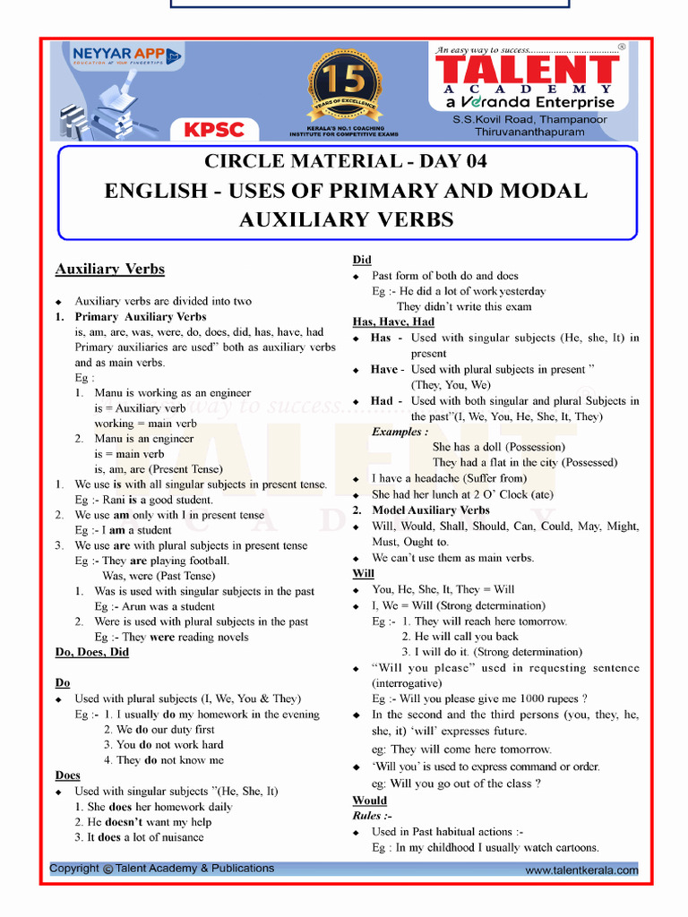 CIRCLE MATERIAL DAY 04 - Uses of Primary and Modal Auxiliary Verbs | PDF