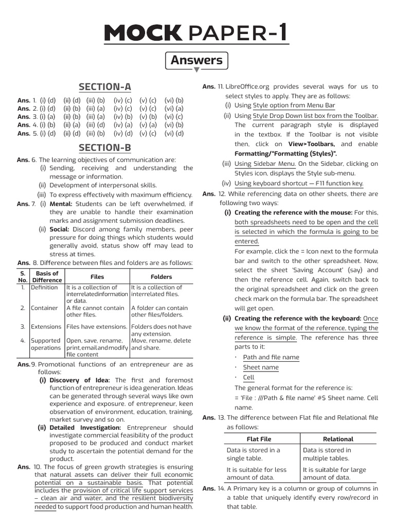 Information Technology Class 10 Mock Paper Answers | PDF