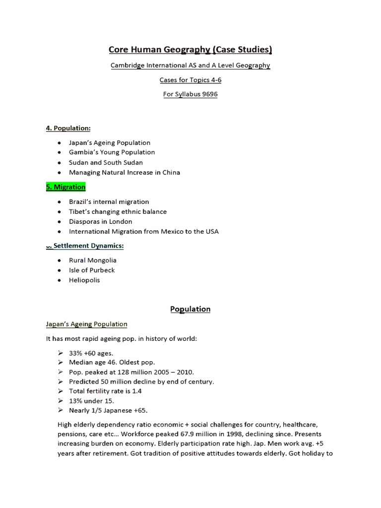 CIE As and A Level Geography Core Human Geography Case Studies P | PDF