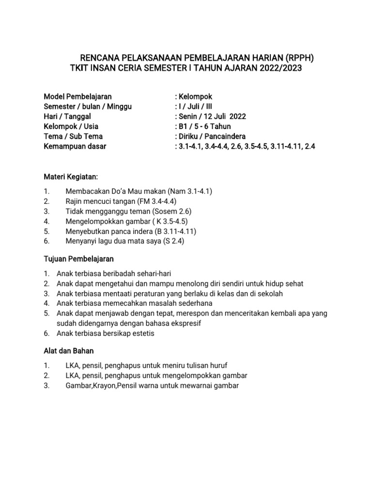RPPH Tkit Insan Ceria 2023-2024 Jalancagak Subang | PDF