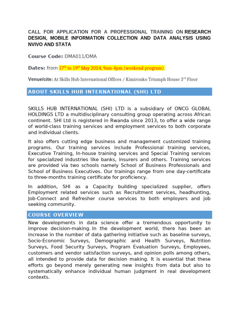 Call For Application For A Professional Training DATA ANALYSIS | PDF ...