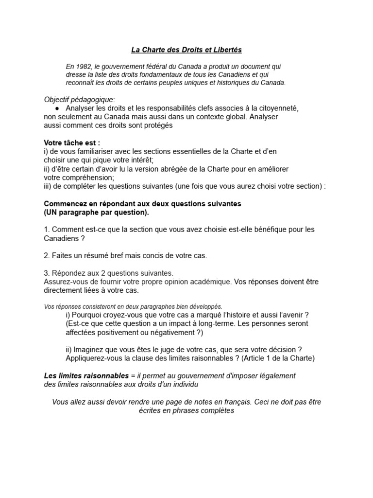 Tache - La Charte Des Droits Et Libertés | PDF