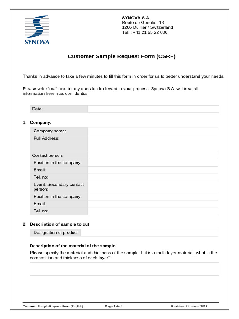 Customer Sample Request Form Angl 170111 | PDF
