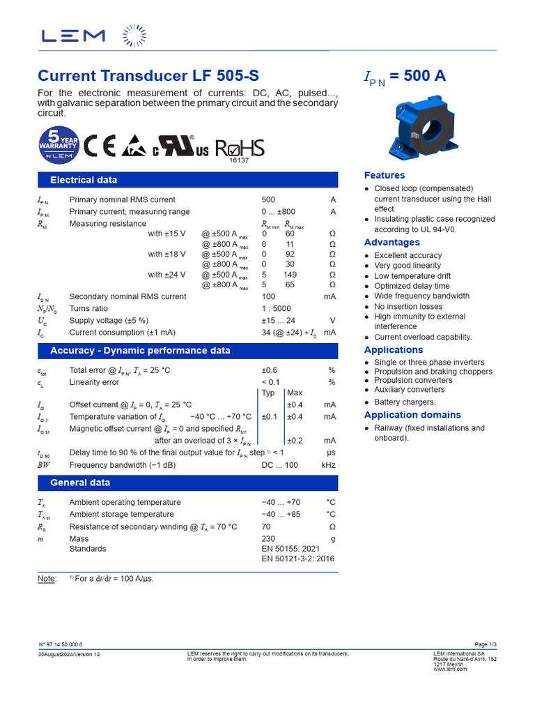 Current Transducer LF 505-S 500 A | PDF