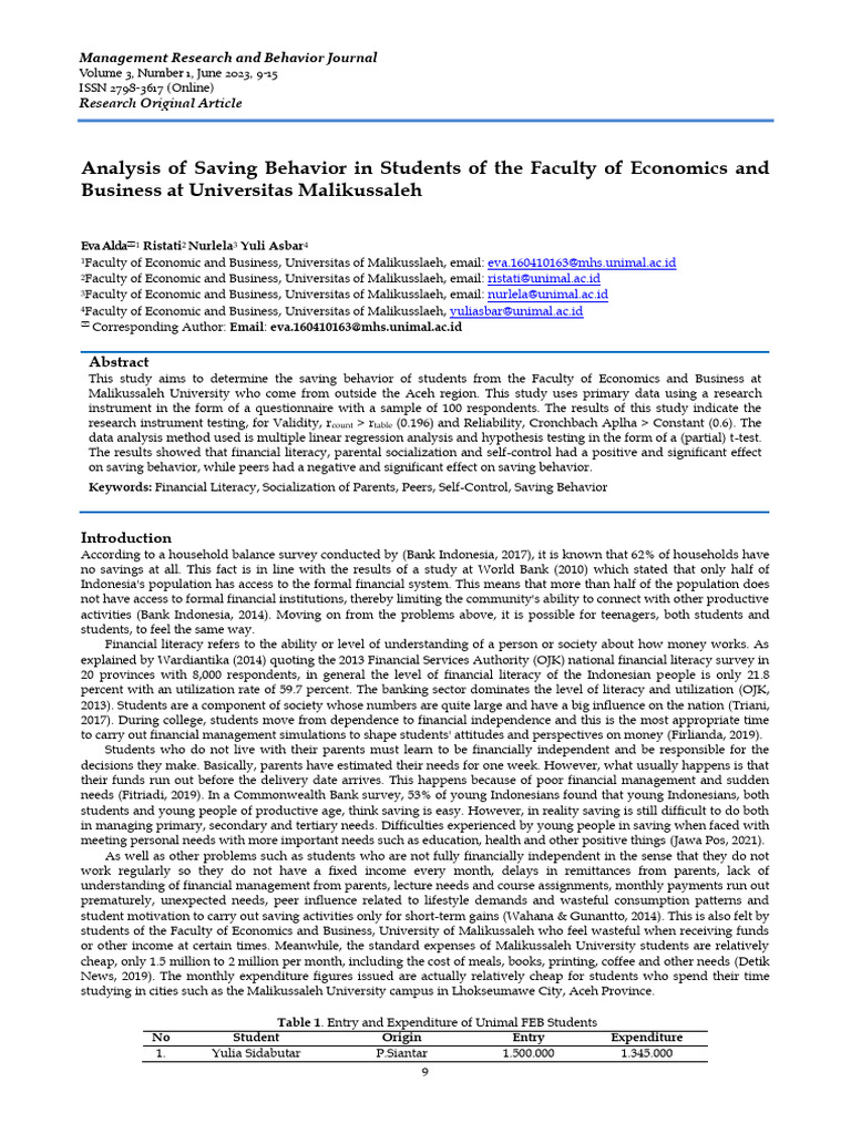 Analysis of Saving Behavior in Students | PDF