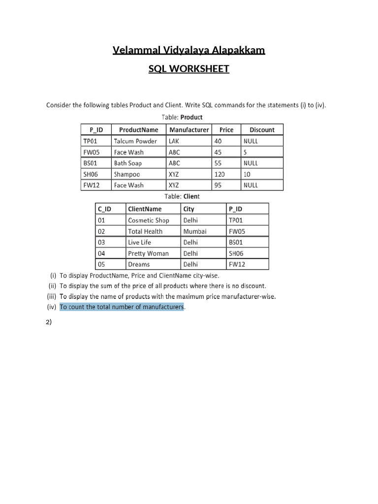 JOINS Worksheet | PDF