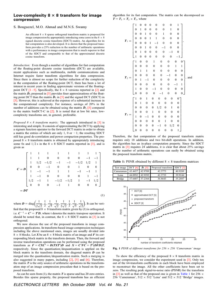 Low-Complexity 8 8 Transform For Image Compression: S. Bouguezel, M.O. Ahmad and M.N.S. Swamy | PDF