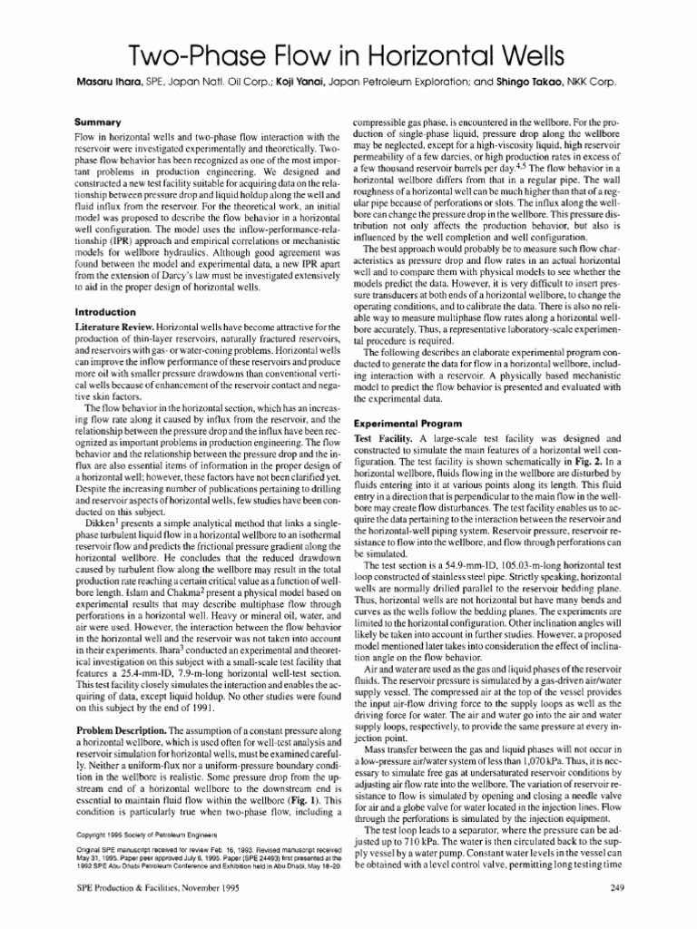 Two-Phase Flow in Horizontal Wells: SPE, Japan Natl. Oil Corp. Japan ...