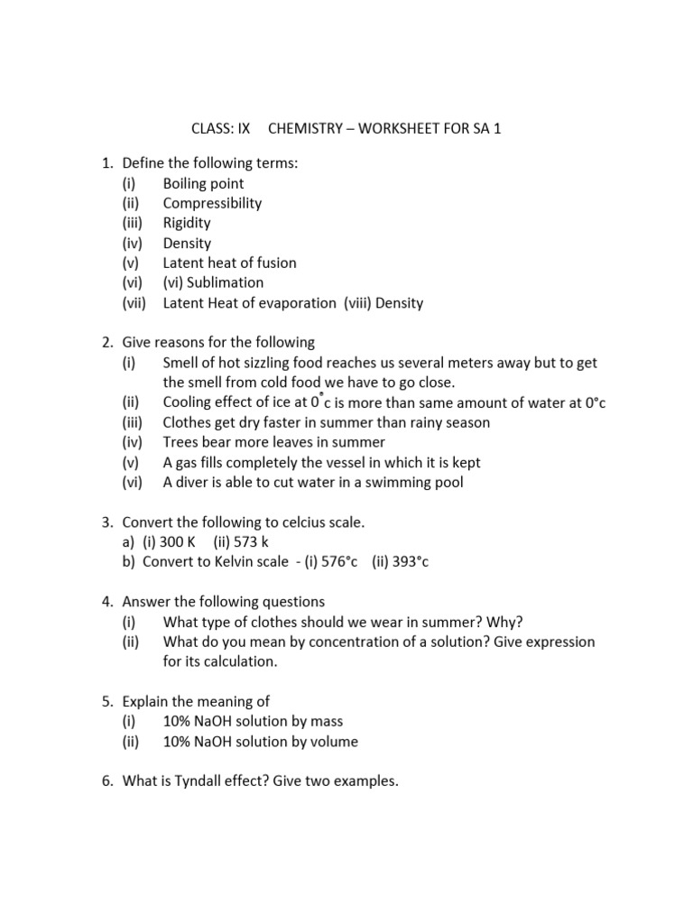CBSE Class 9 Chemistry Worksheet - Revision | PDF