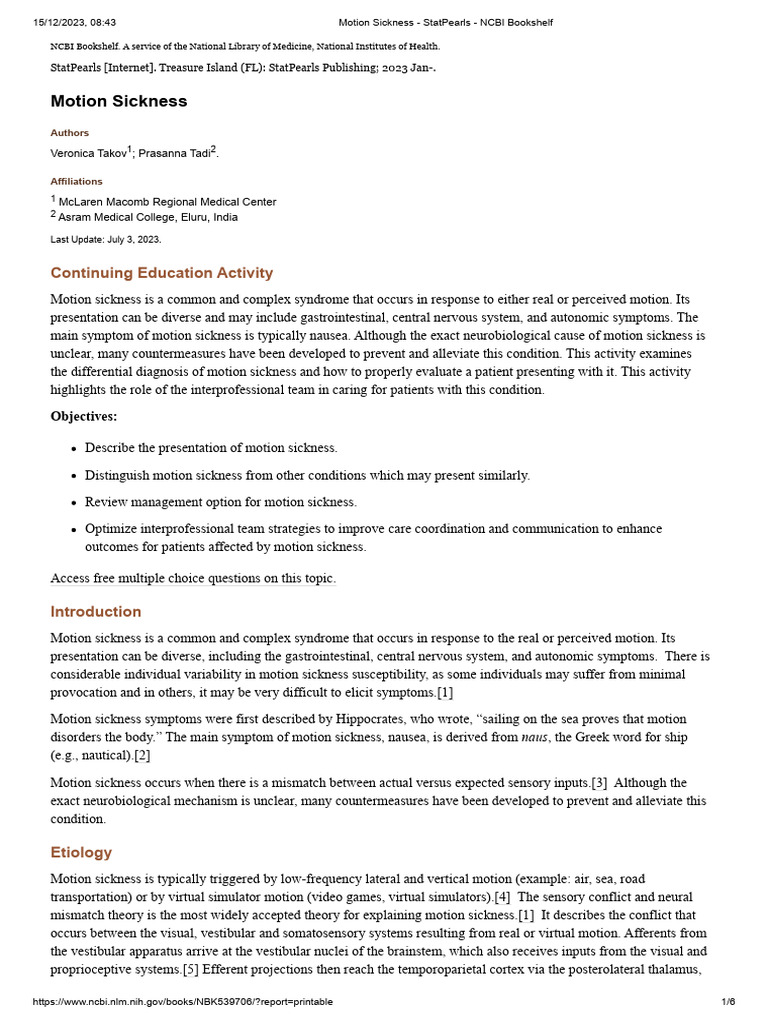 Motion Sickness - StatPearls - NCBI Bookshelf | PDF | Vertigo | Migraine