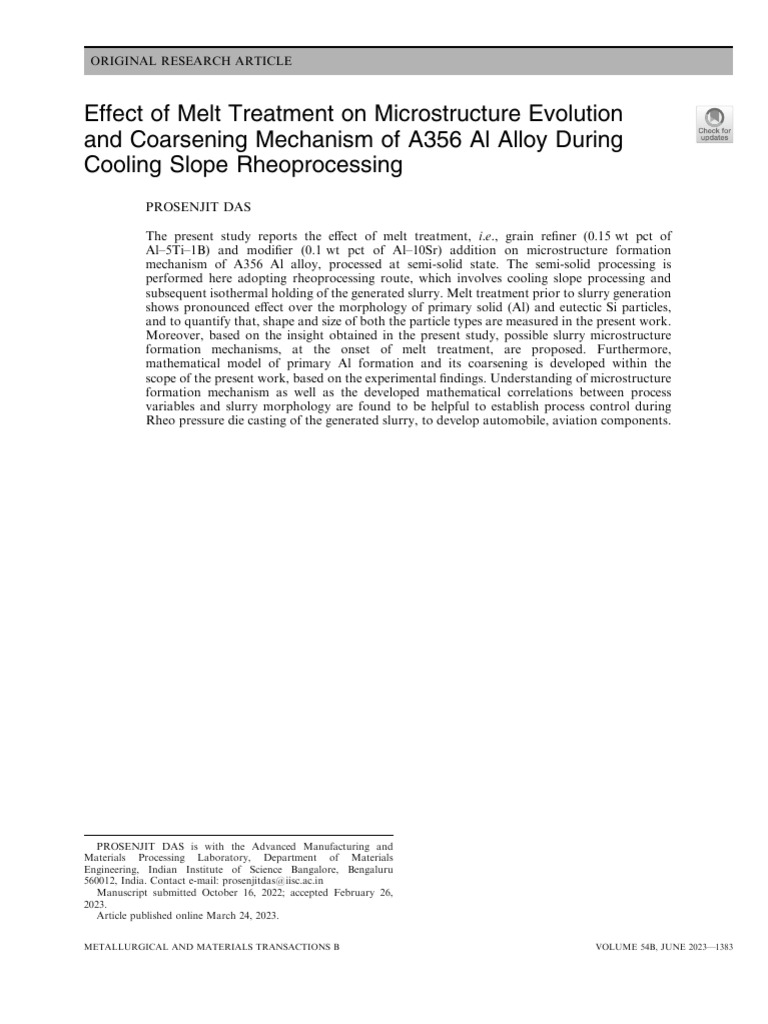 Effect of Melt Treatment On Microstructure Evolution and Coarsening Mechanism of A356 Al Alloy ...
