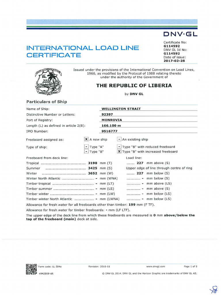 G114592 - International Load Line Certificate For The Republic of ...
