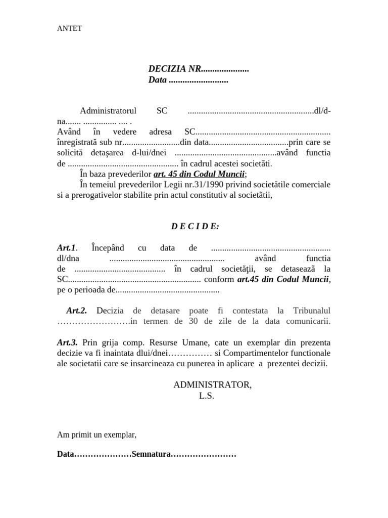 Model Decizie Detasare | PDF