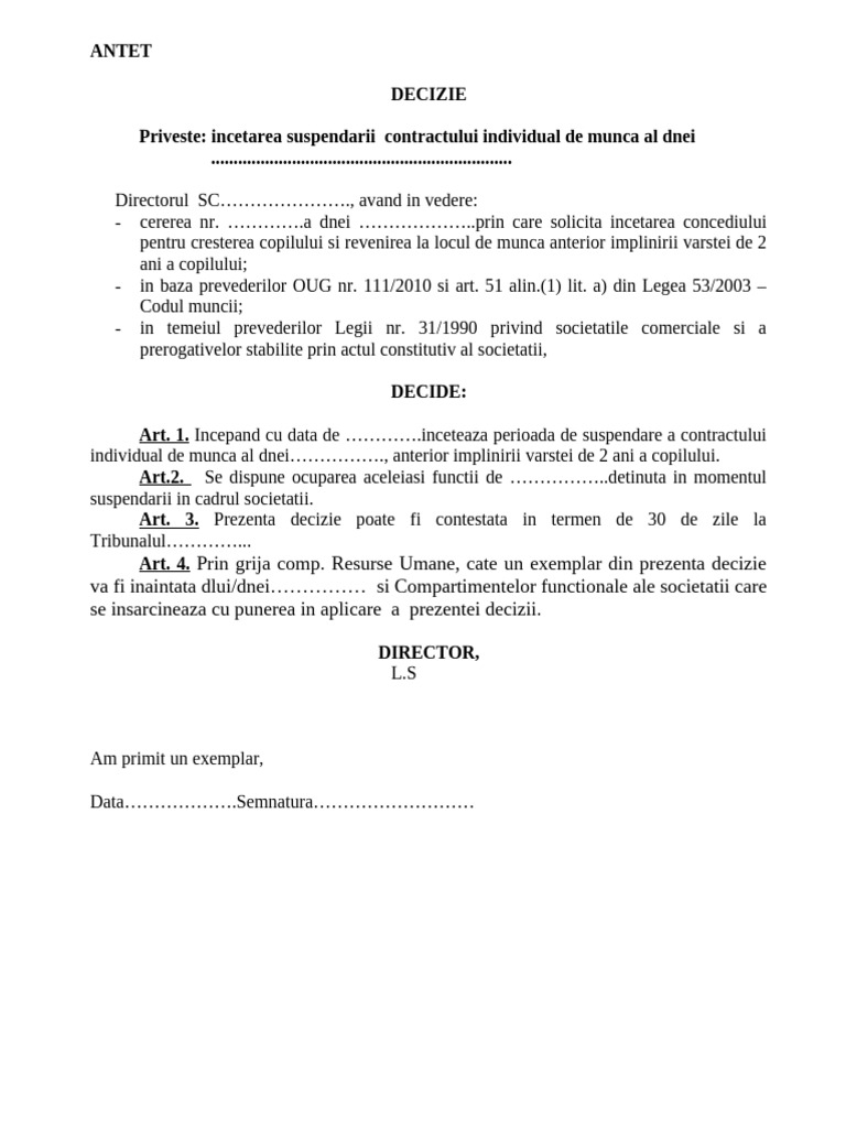 Model Decizie Incetare Suspendare CIM | PDF