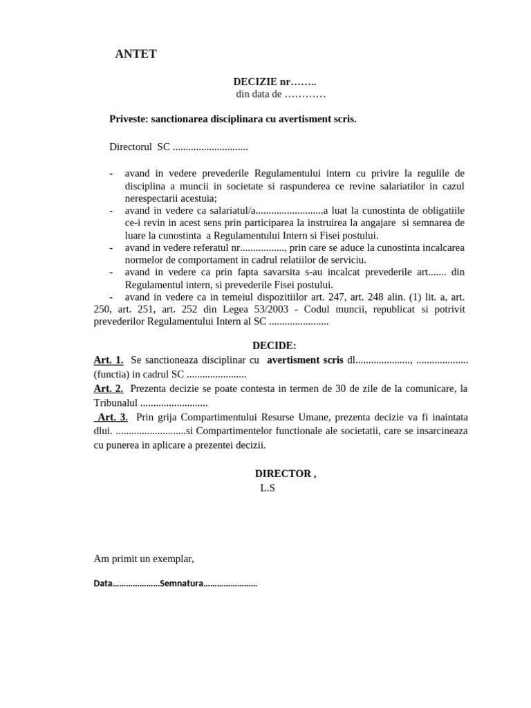 Model Decizie Sanctiune Avertisment | PDF
