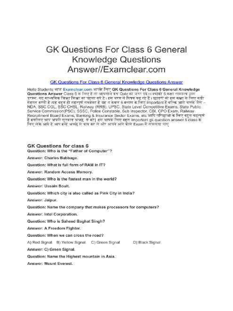 GK Questions For Class 6 General Knowledge Questions Answer | PDF