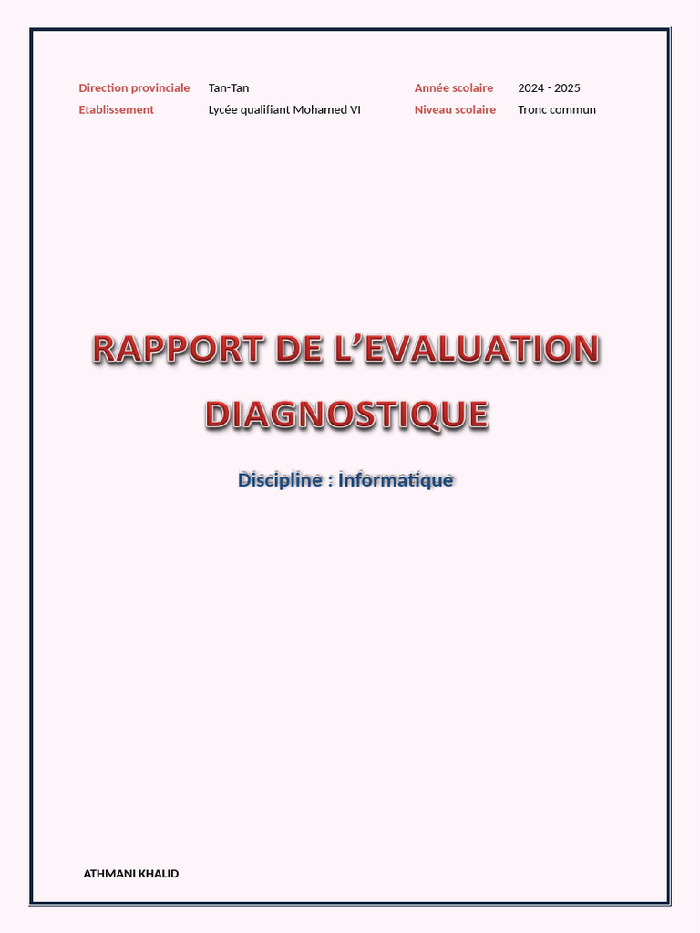 Rapport Evaluation Diagnostique - Athmani Khalid | PDF