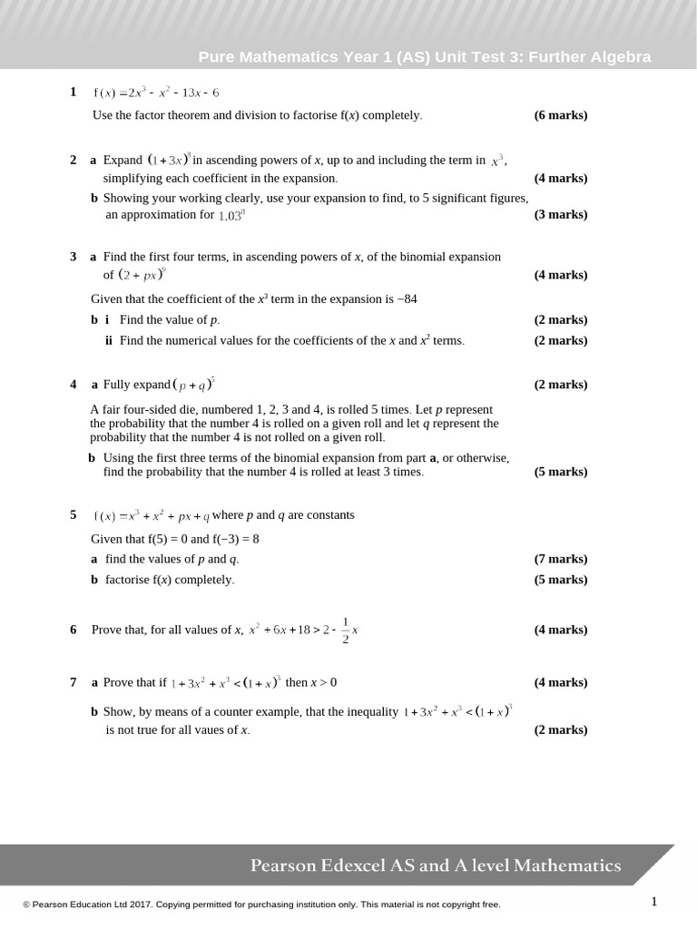 As Maths Pure Unit 3 Test | PDF As Maths Pure Unit 3 Test | PDF