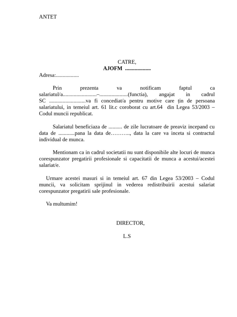 Model Notificare AJOFM Redistribuire Salariat | PDF