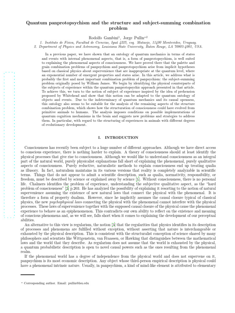 Quantum Panprotopsychism and The Structure and Subject-Summing ...