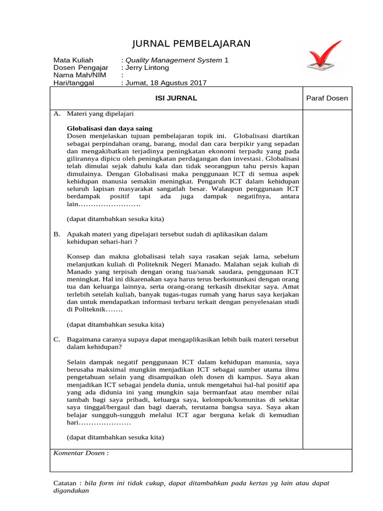 Contoh - Model Jurnal Pembelajaran QMS1 | PDF