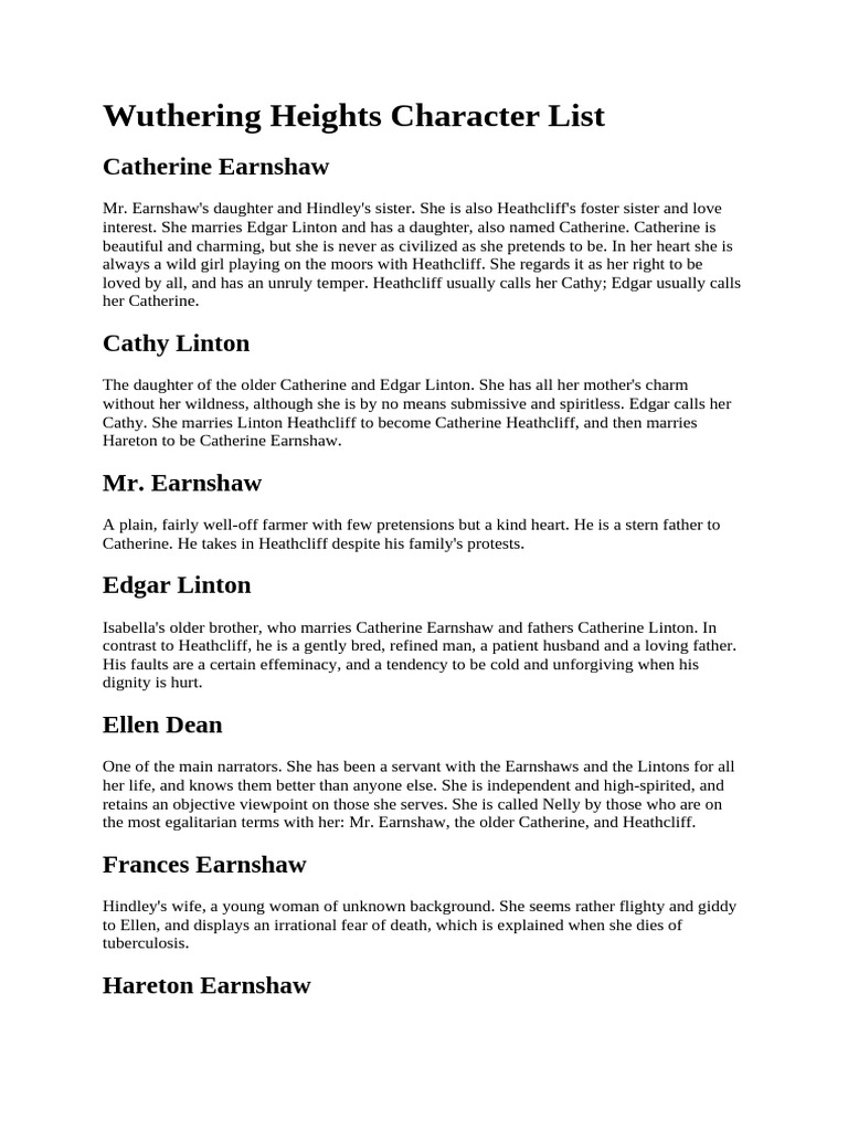 Wuthering Heights Character List | PDF