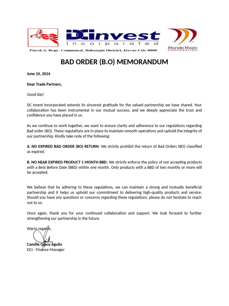 Bad Order Memorandum | PDF
