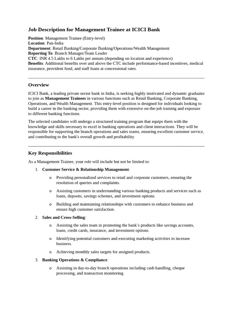 Job Description For Management Trainee at ICICI Bank: Position Location ...