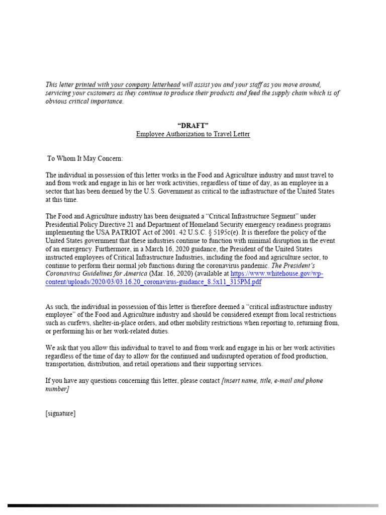Sample Employee Authorization To Travel Letter | PDF