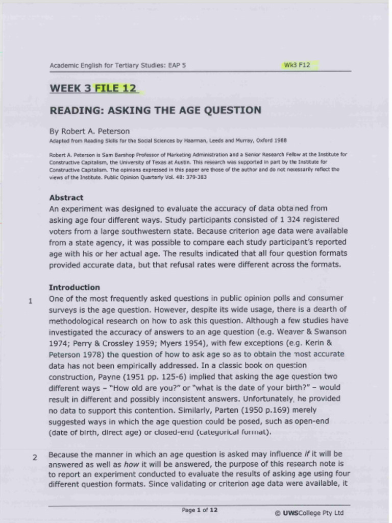 EAP5 Week 3 Mon F12 Reading Asking The Age Question - No Answers | PDF