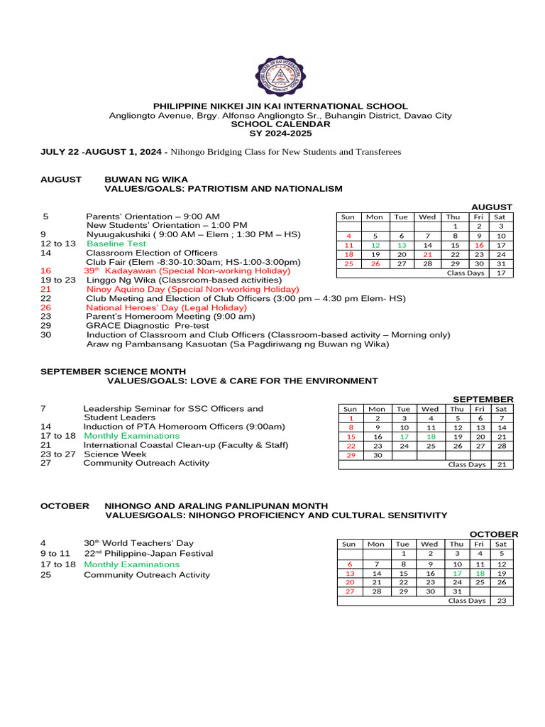 School Calendar SY 2024 2025 External For Orientation | PDF