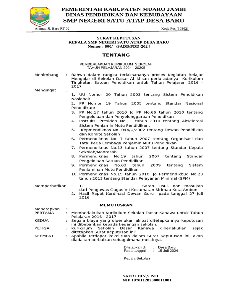 SK Pemberlakuan Kurikulum | PDF