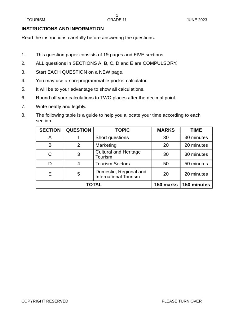 Tourism June Examination Grade 11 | PDF