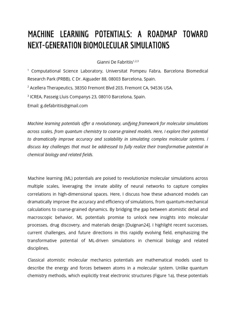 Machine Learning Potentials: A Roadmap Toward Next-Generation ...