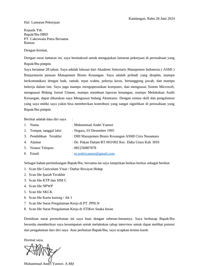 Surat Lamaran Kerja PT - CPB | PDF