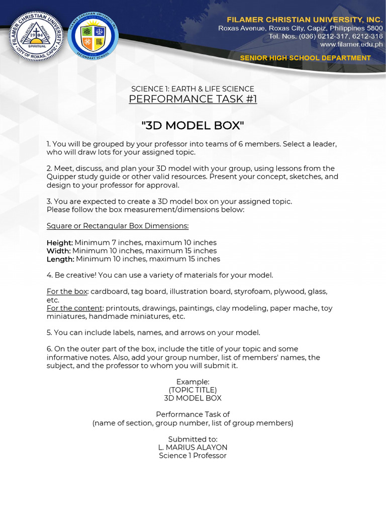 Earth Life Science Performance Task 1 3d Model Box | PDF