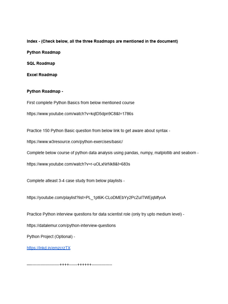 Python, SQL & Excel Roadmap For Data Analyst | PDF