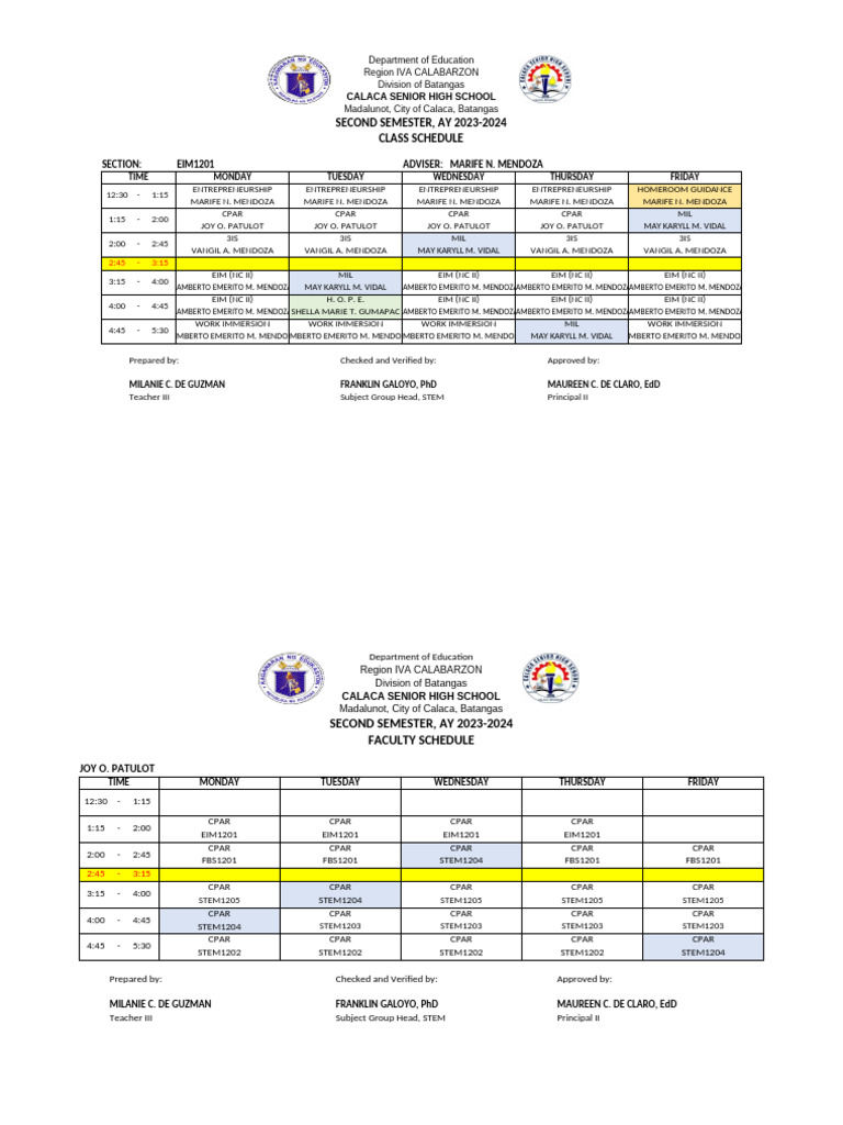 12 Faculty and Class Schedule Second Semester 2023 2024 | PDF