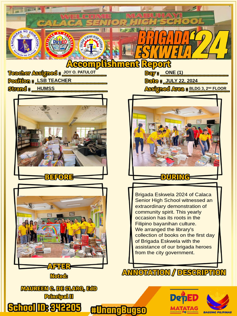 Accomplishment Report - Be 2024 2025 Day 1 Day 5 Joy O. Patulot | PDF