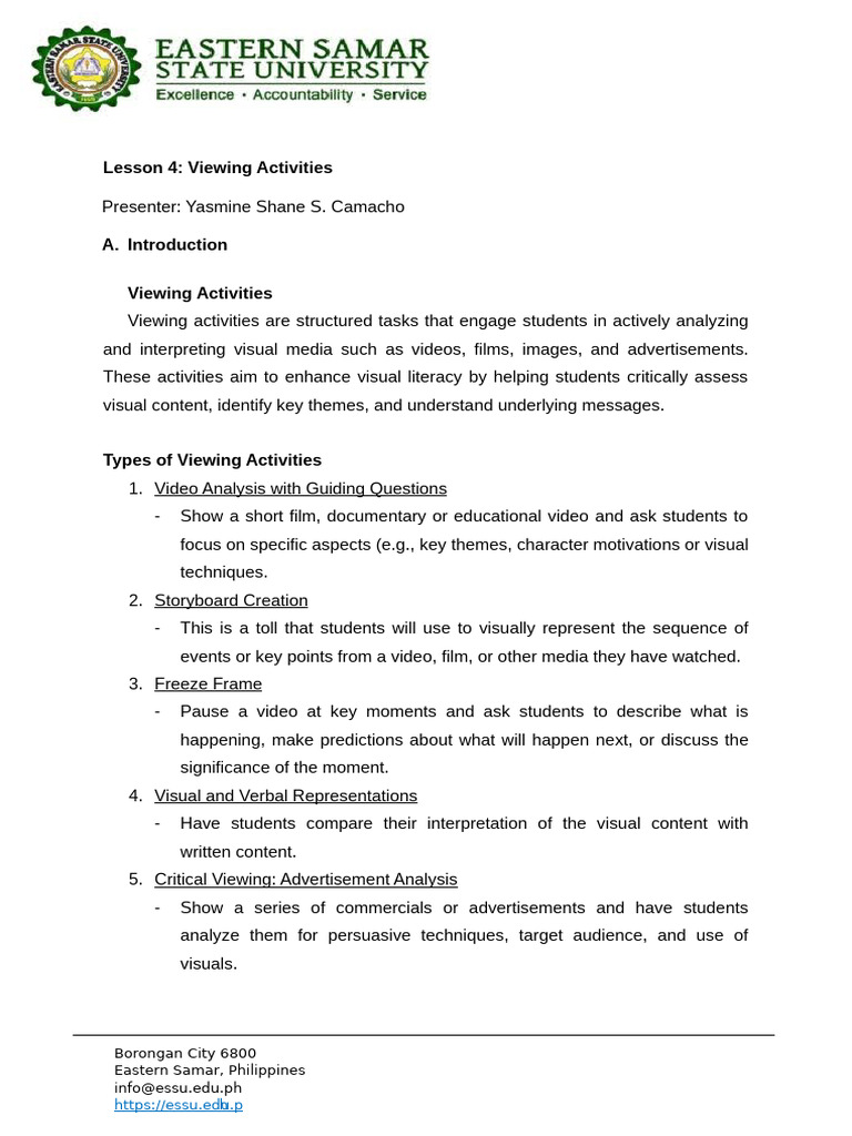 Viewing Activites and Assessment of Viewing Skills | PDF