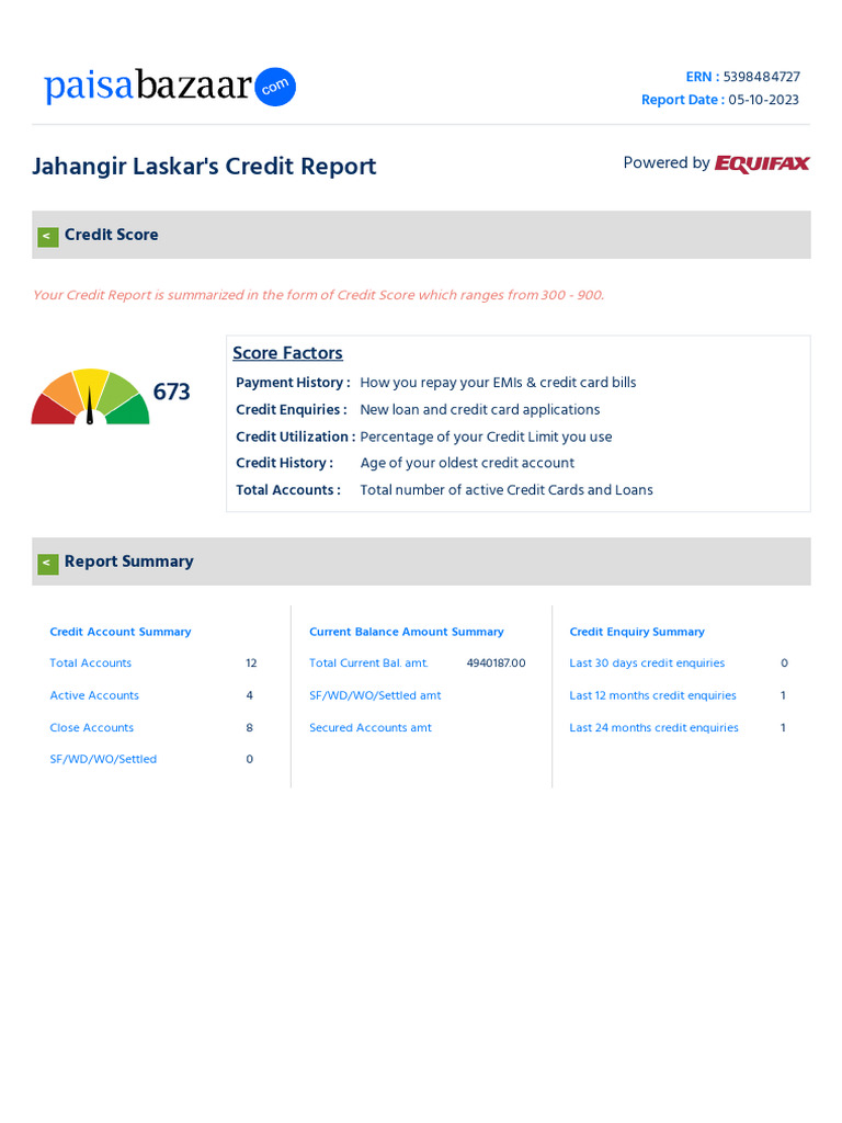 Jahangir Laskar's Credit Report: Score Factors | PDF