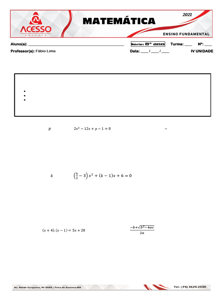 Matematica 8º Ano Lista 02 Pdf