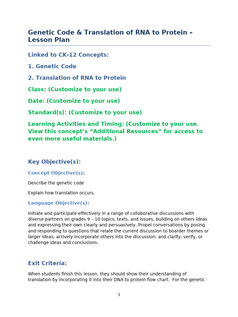 Genetic Code Translation Rna To Protein Lesson Plan | PDF