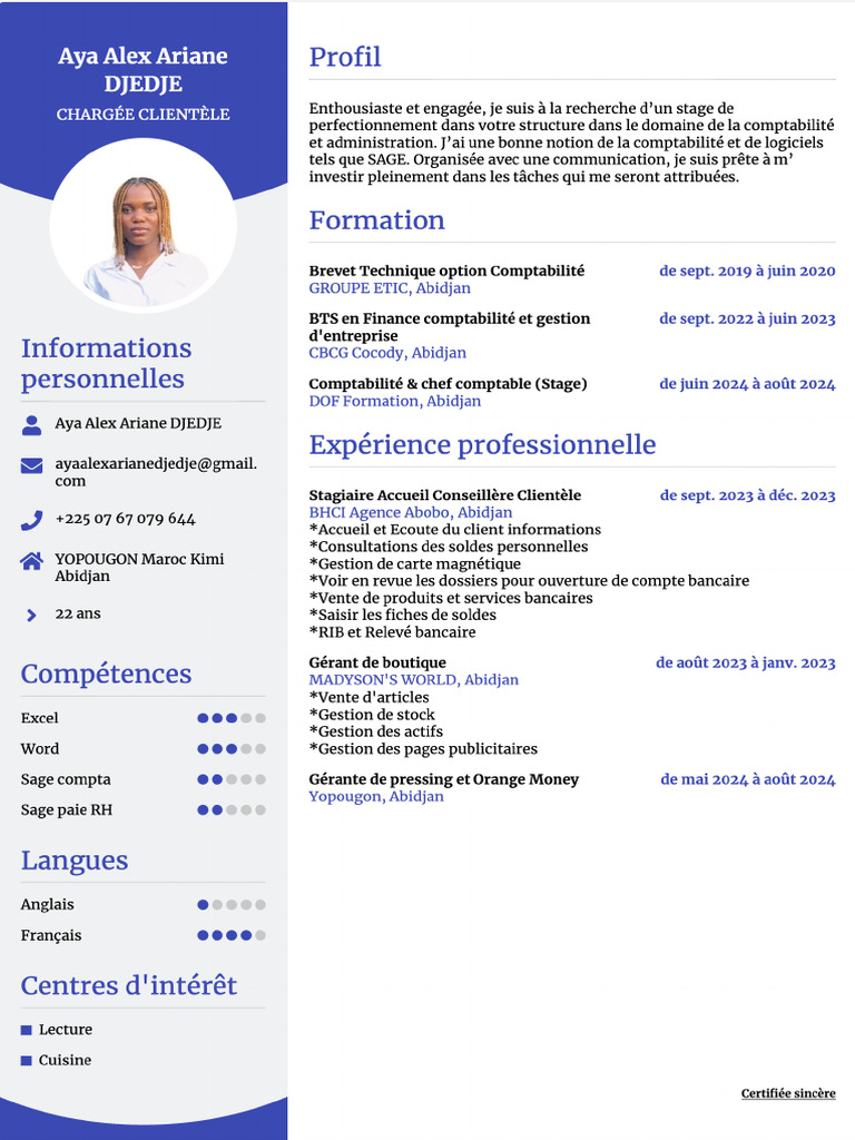 CV Chargée Clientèle DJEDJE | PDF