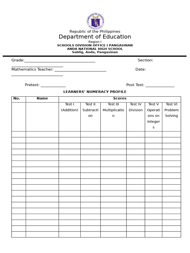 School Based Numeracy Profile of Learners | PDF