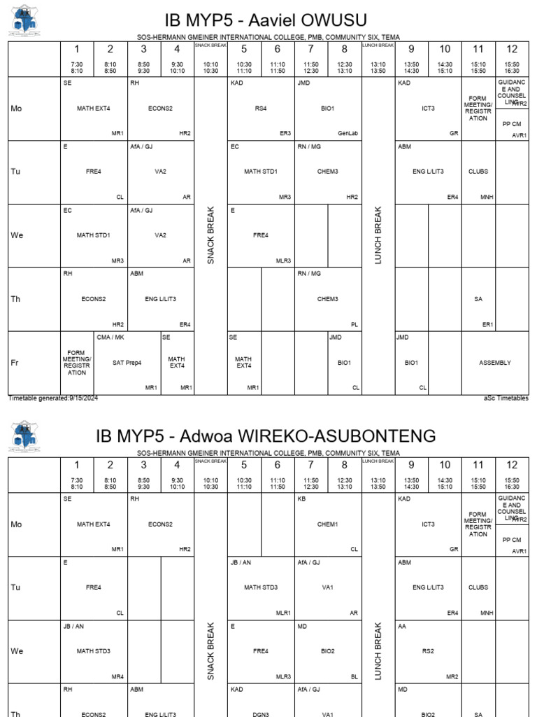 MYP5 Students Timetables 2024 | PDF
