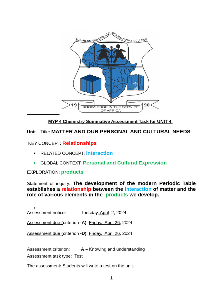 Summative Assessment Task MYP 4 Unit 4 Task Rubric A and D 2023 2024 | PDF