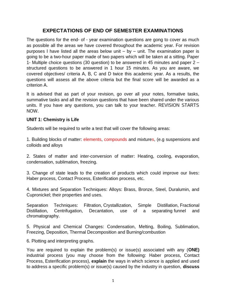 Expectations of End of Year Examination | PDF